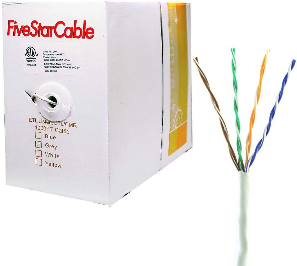 FiveStarCable Cat5e 1000 Ft CMR Rated 24AWG Solid Bare Copper Conductor ...