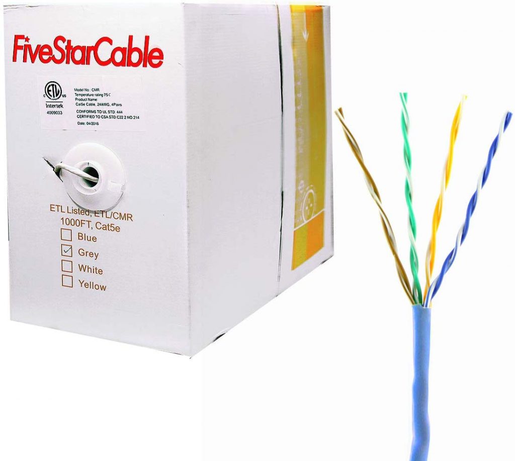 FiveStarCable Cat5e 1000 Ft CMR Rated 24AWG Solid Bare Copper Conductor ...